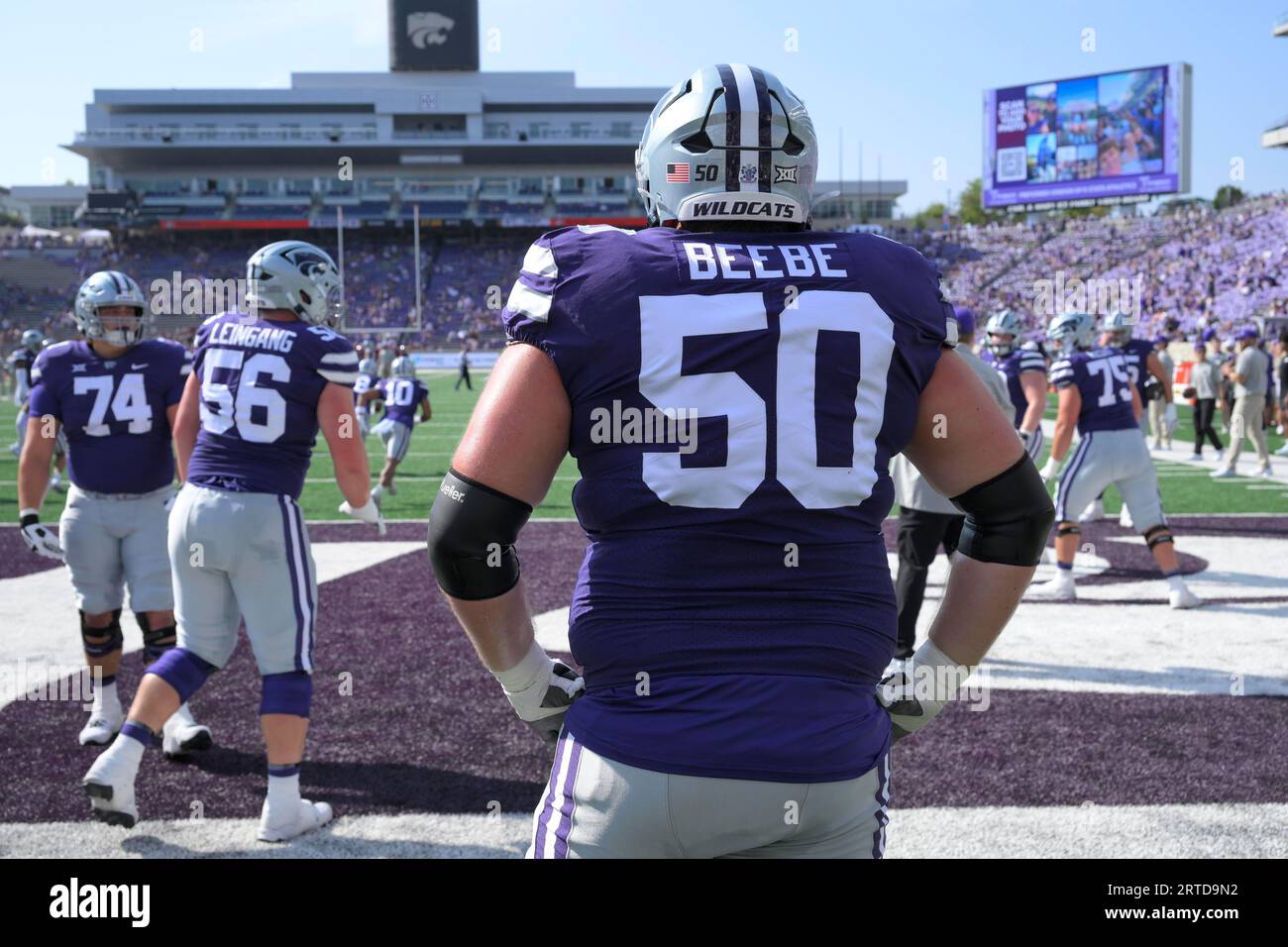 Kansas State offensive lineman Cooper Beebe (50) during warm-ups before the first half of an ...