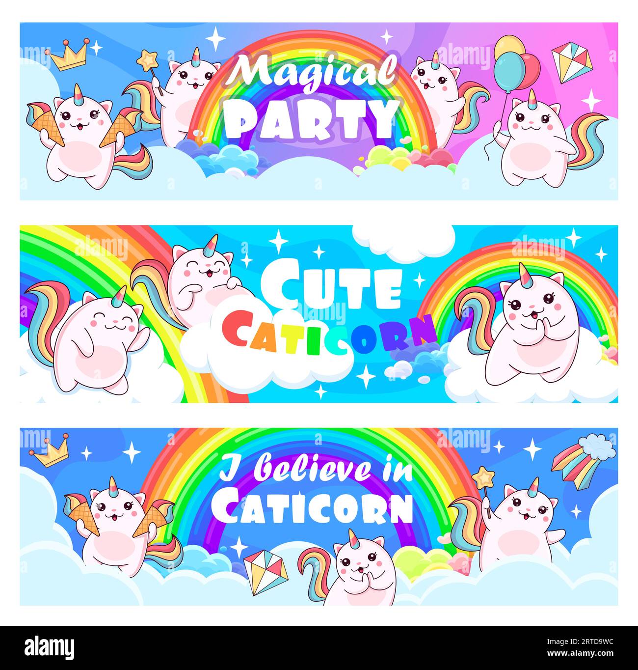 Caticorn party, cartoon caticorn cat and kitten characters with rainbow ...