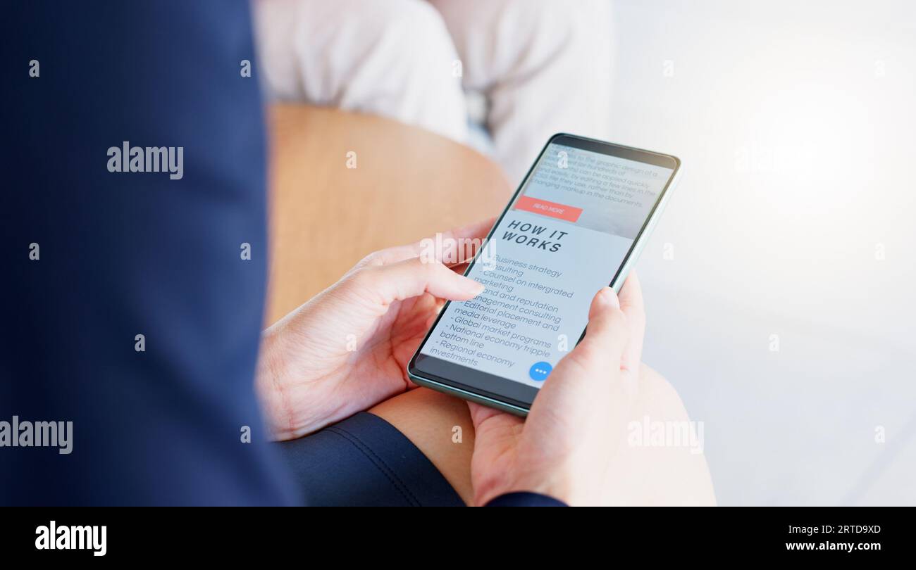 Phone screen, website and hands scroll or people with clients review ...