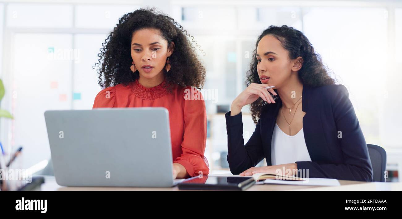 Collaboration, laptop and business women in office for creative ...