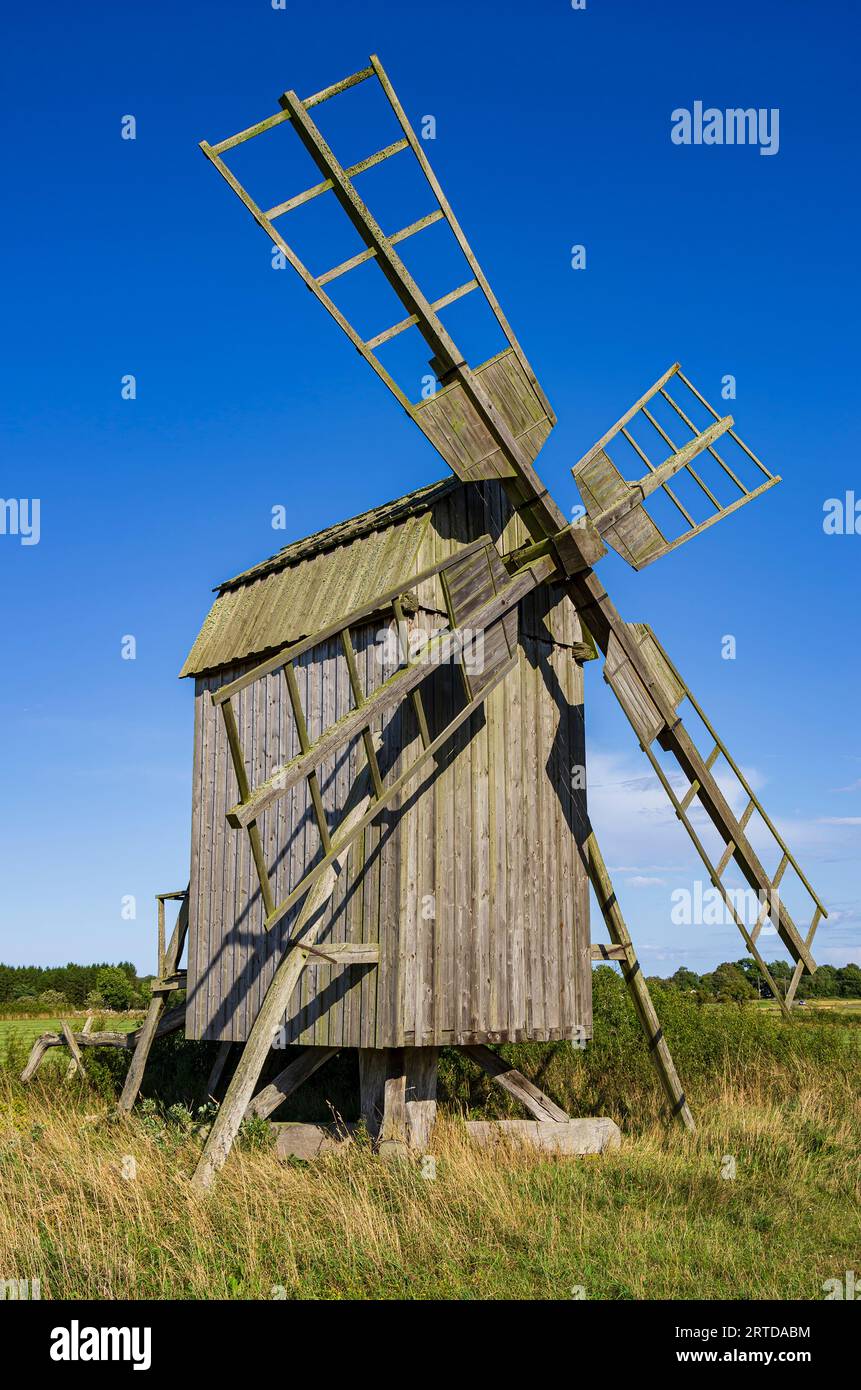 Traditional trestle windmill by the village of Himmelsberga on Öland ...