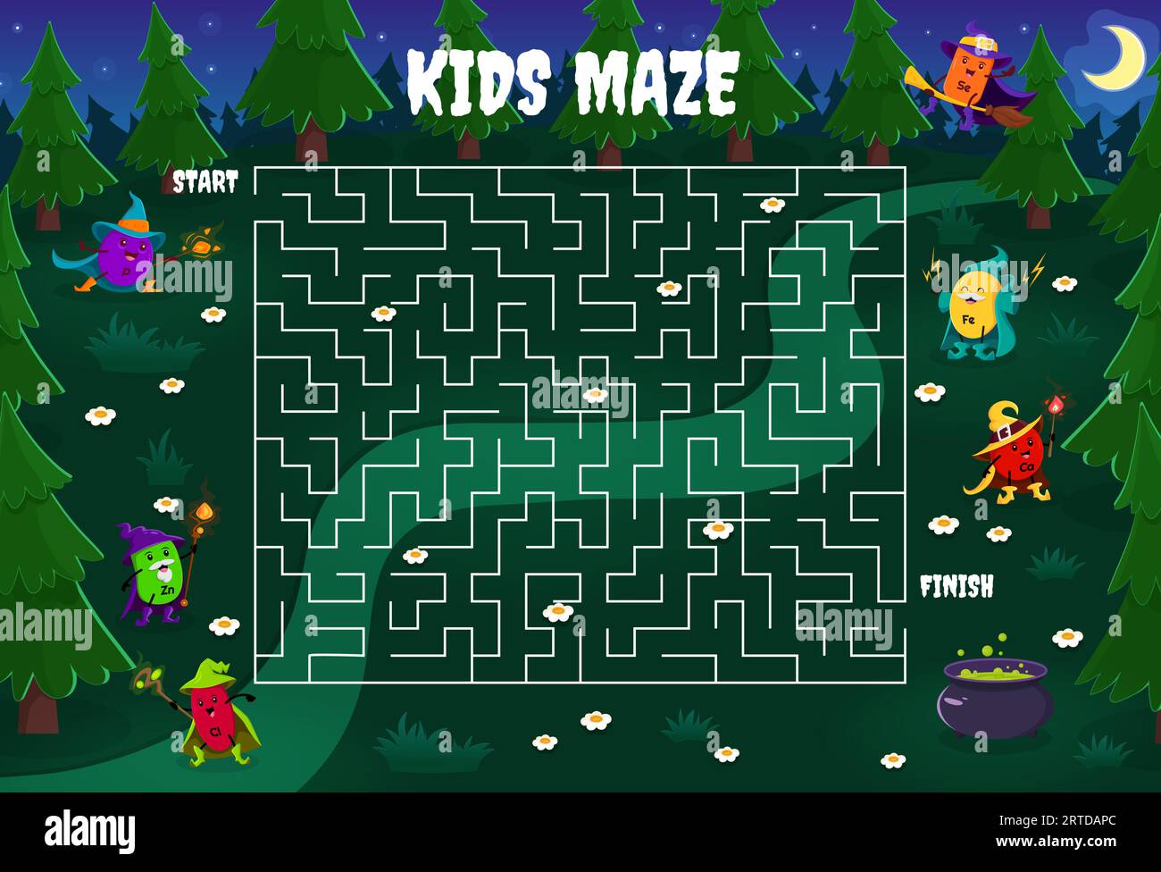 Labyrinth maze game. Help to cartoon mineral and micronutrient wizards ...