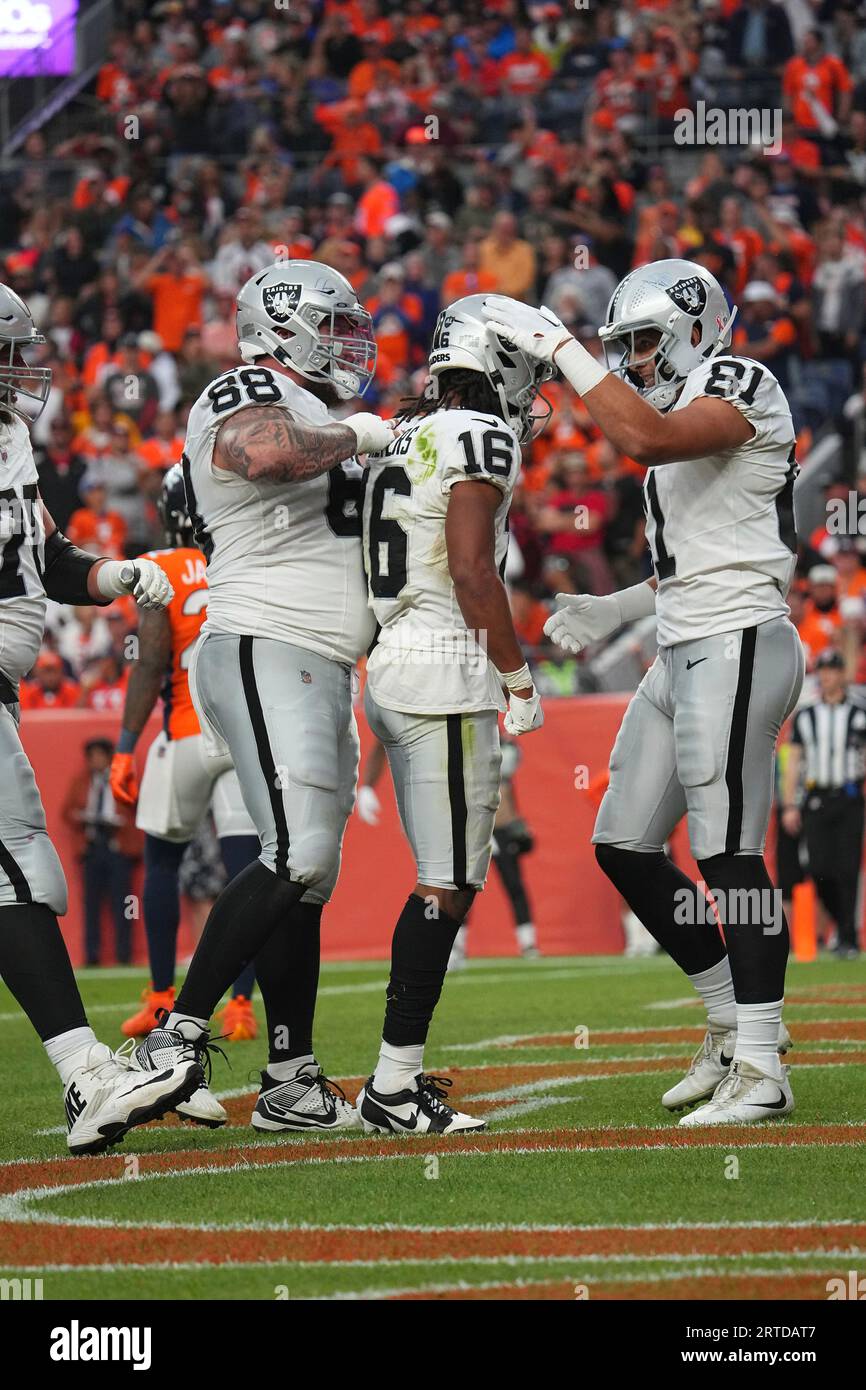 Las Vegas Raiders center Andre James (68), Las Vegas Raiders wide receiver Jakobi Meyers (16 ...