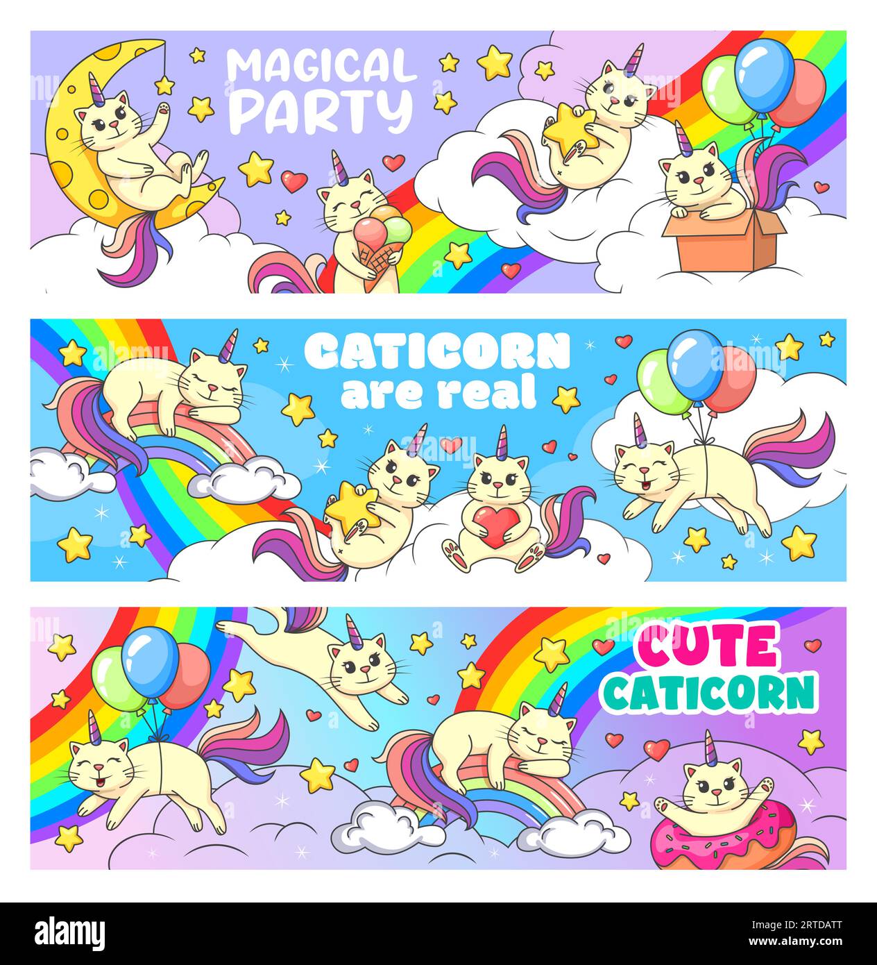 Cartoon cute caticorn cats, kitty characters, rainbow on sky vector ...