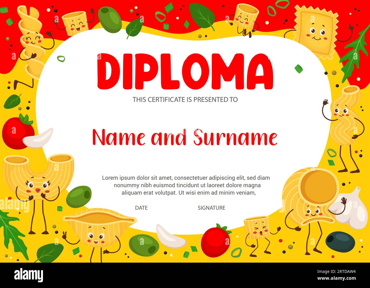 Kids diploma, cartoon italian pasta characters education certificate ...