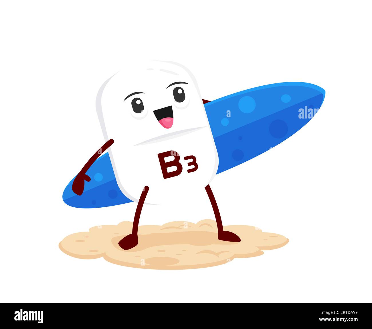 Cartoon vitamin B3 with surf board. Micronutrient, vitamin pill or food ...