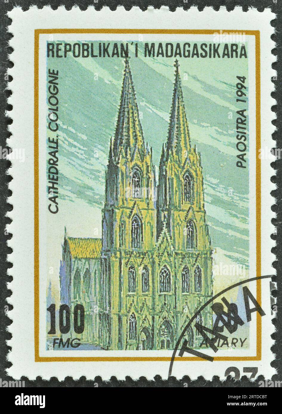 Cancelled postage stamp printed by Madagascar, that shows Cathedral in ...