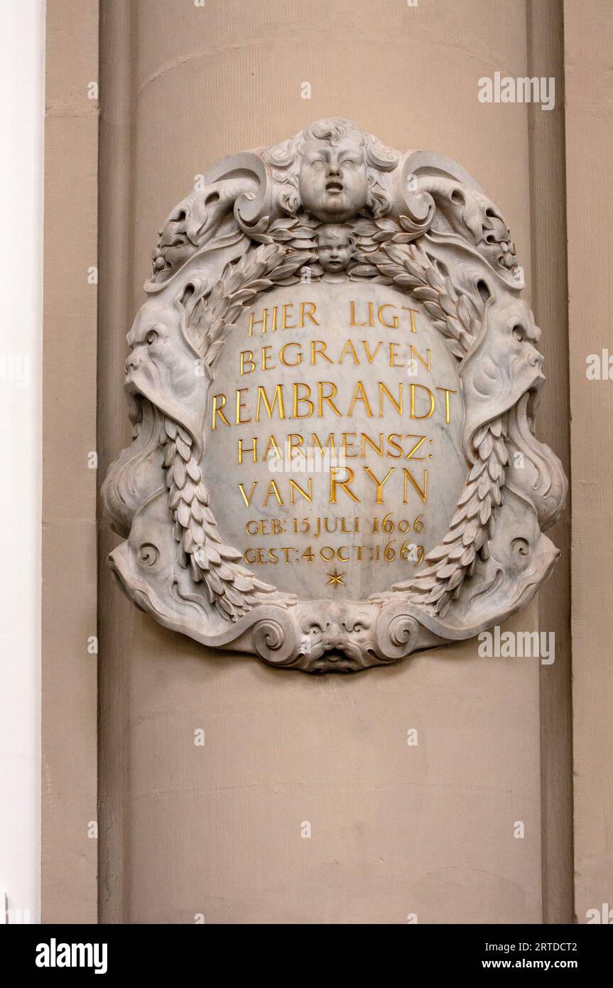 Rembrandt van Rijn (1606-1669) memorial stone in Westerkerk, the church ...
