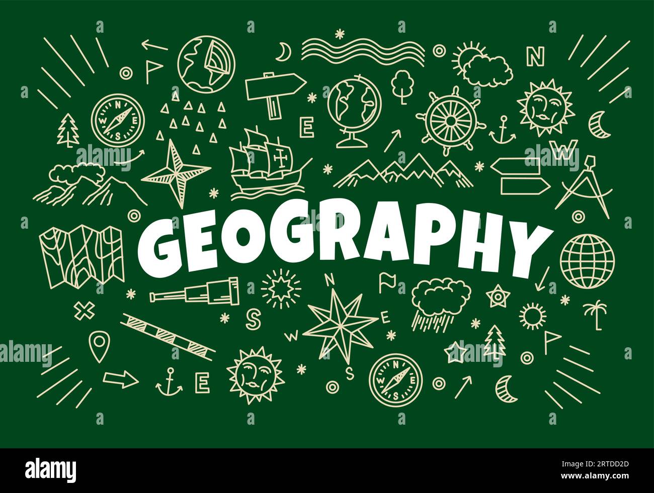 Geography background with signs and symbols of map on school blackboard ...