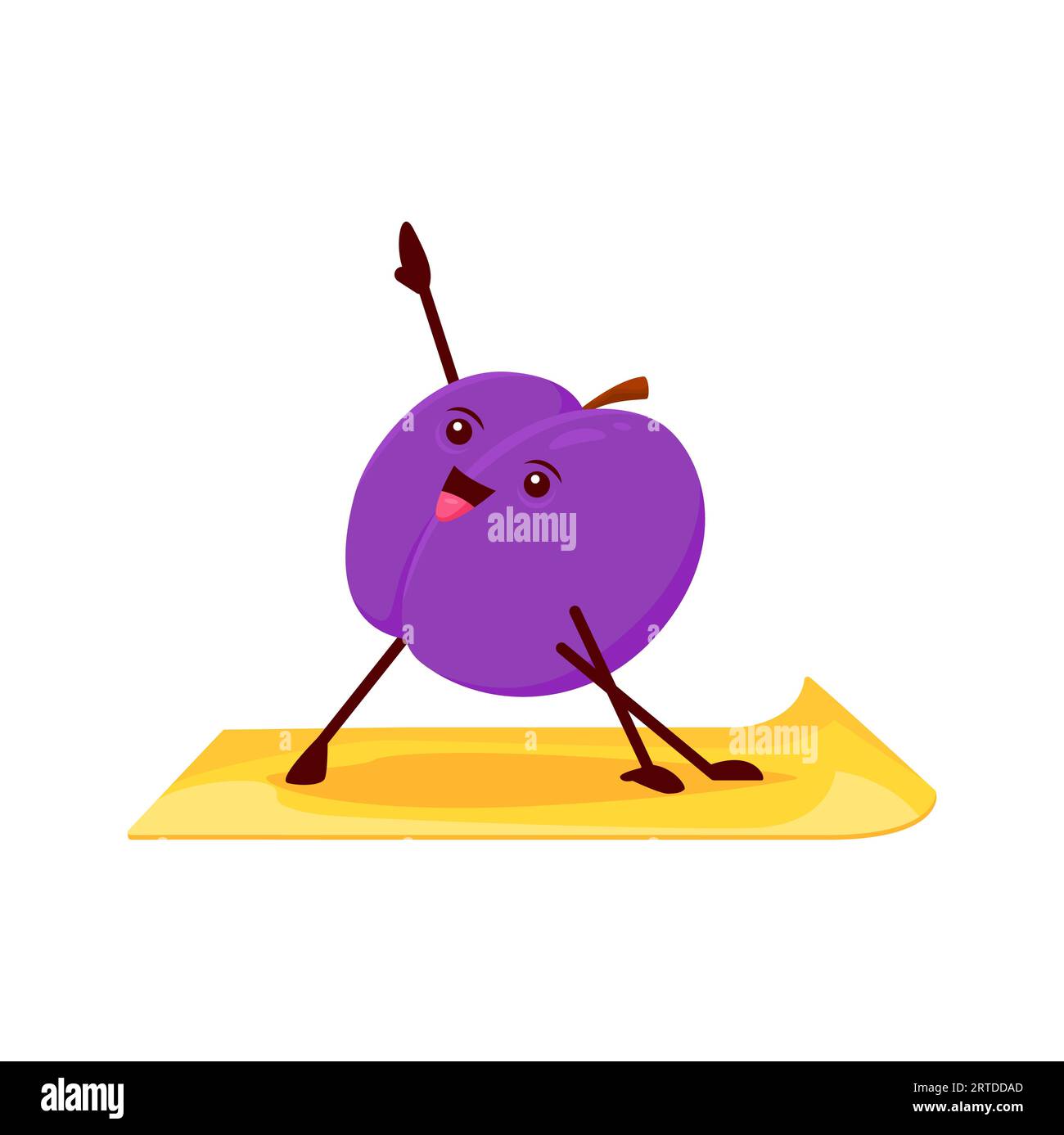 Cartoon plum character in yoga pose. Vector funny fruit stretching ...