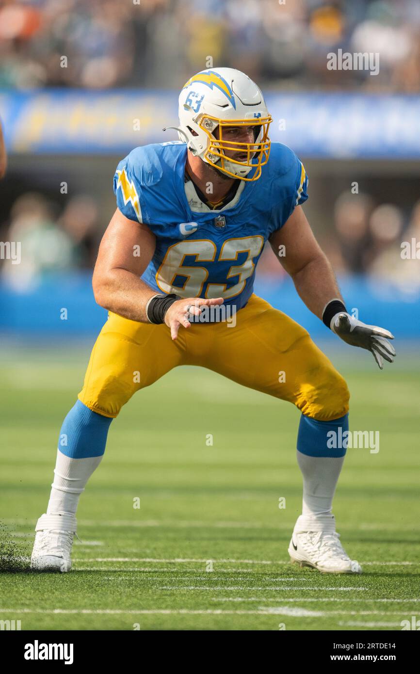 Los Angeles Chargers center Corey Linsley (63) takes his stance during ...