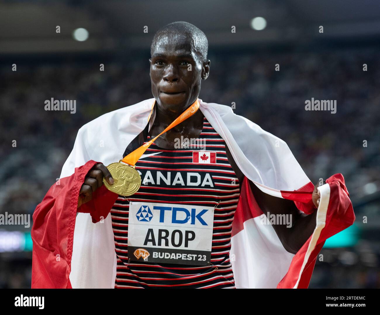 Marco Arop of Canada celebrates his win in the men’s 800m final on day ...