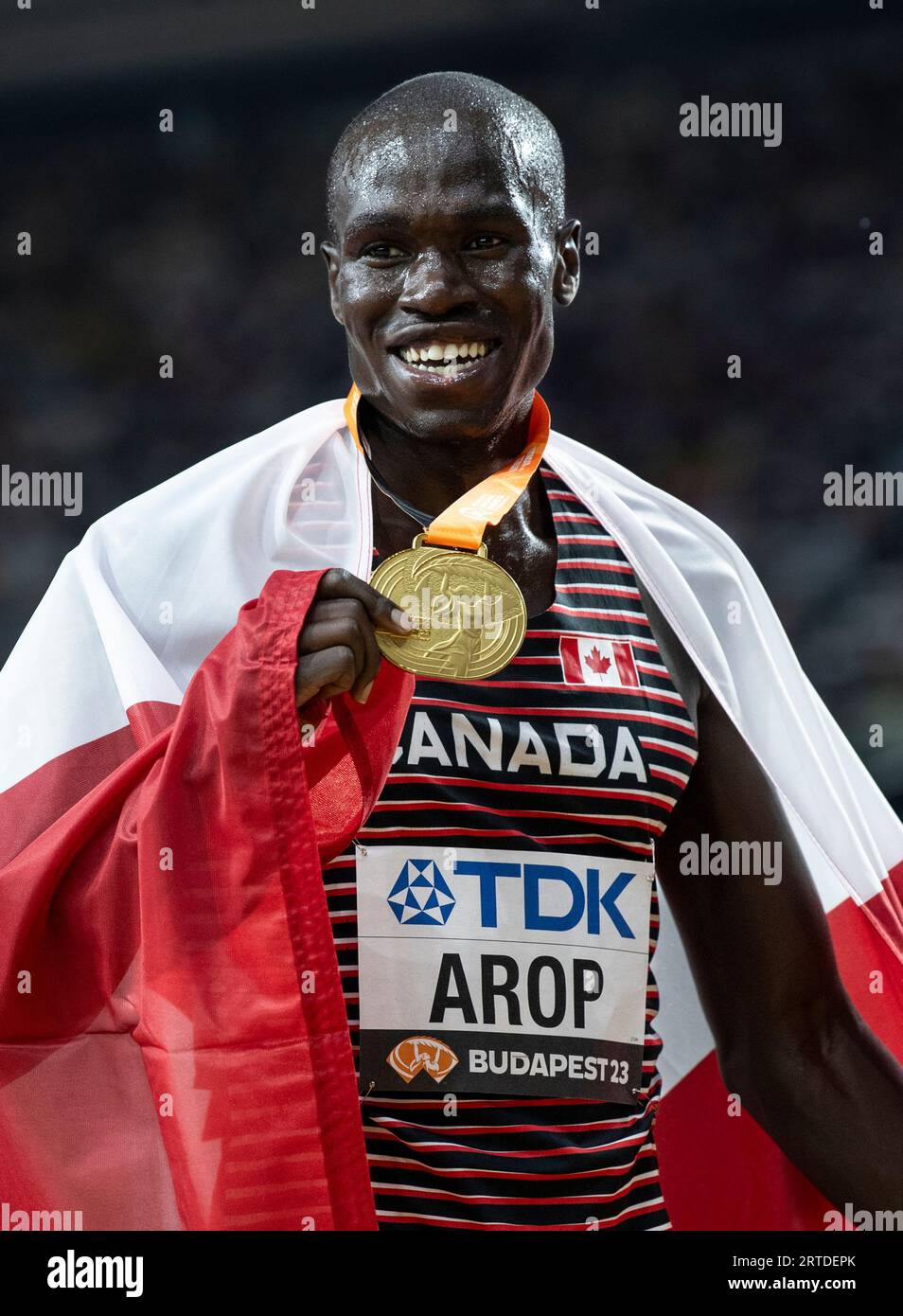 Marco Arop of Canada celebrates his win in the men’s 800m final on day ...