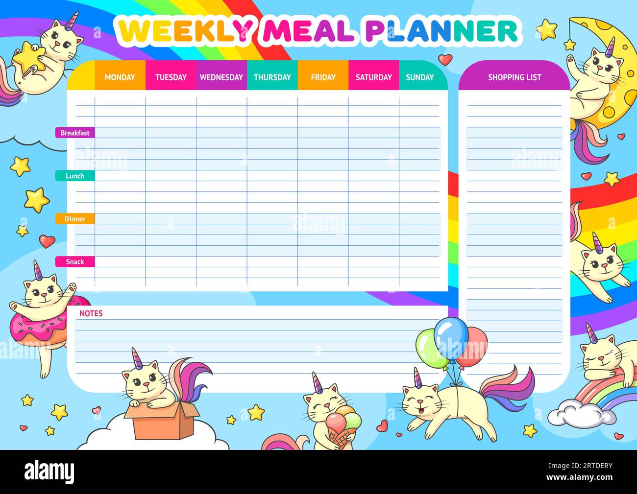 Weekly meal planner. Cartoon funny caticorn cats on rainbow. Vector ...