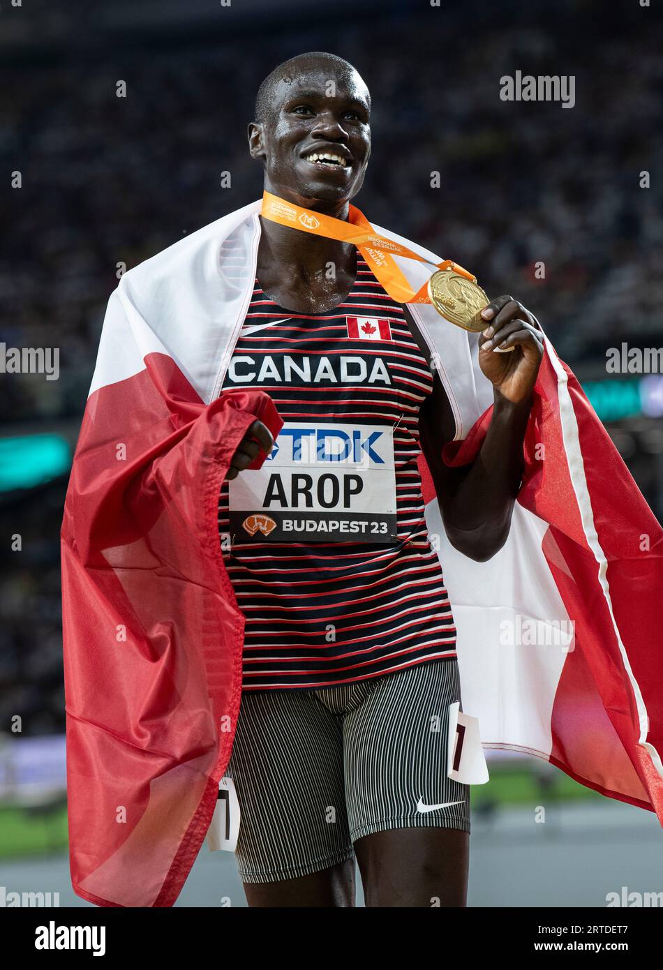 Marco Arop of Canada celebrates his win in the men’s 800m final on day ...