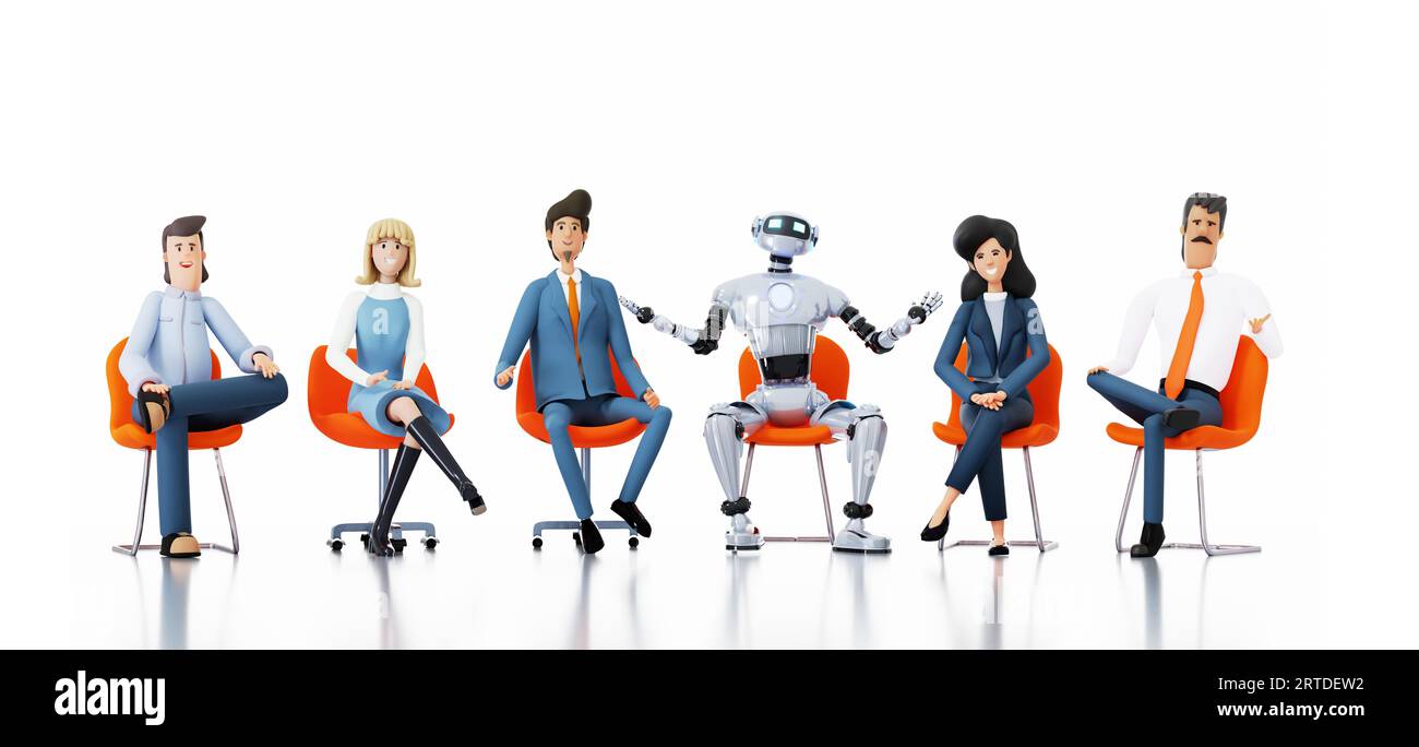 Business people and robot holding a presentation together. AI technology, people vs robots ...