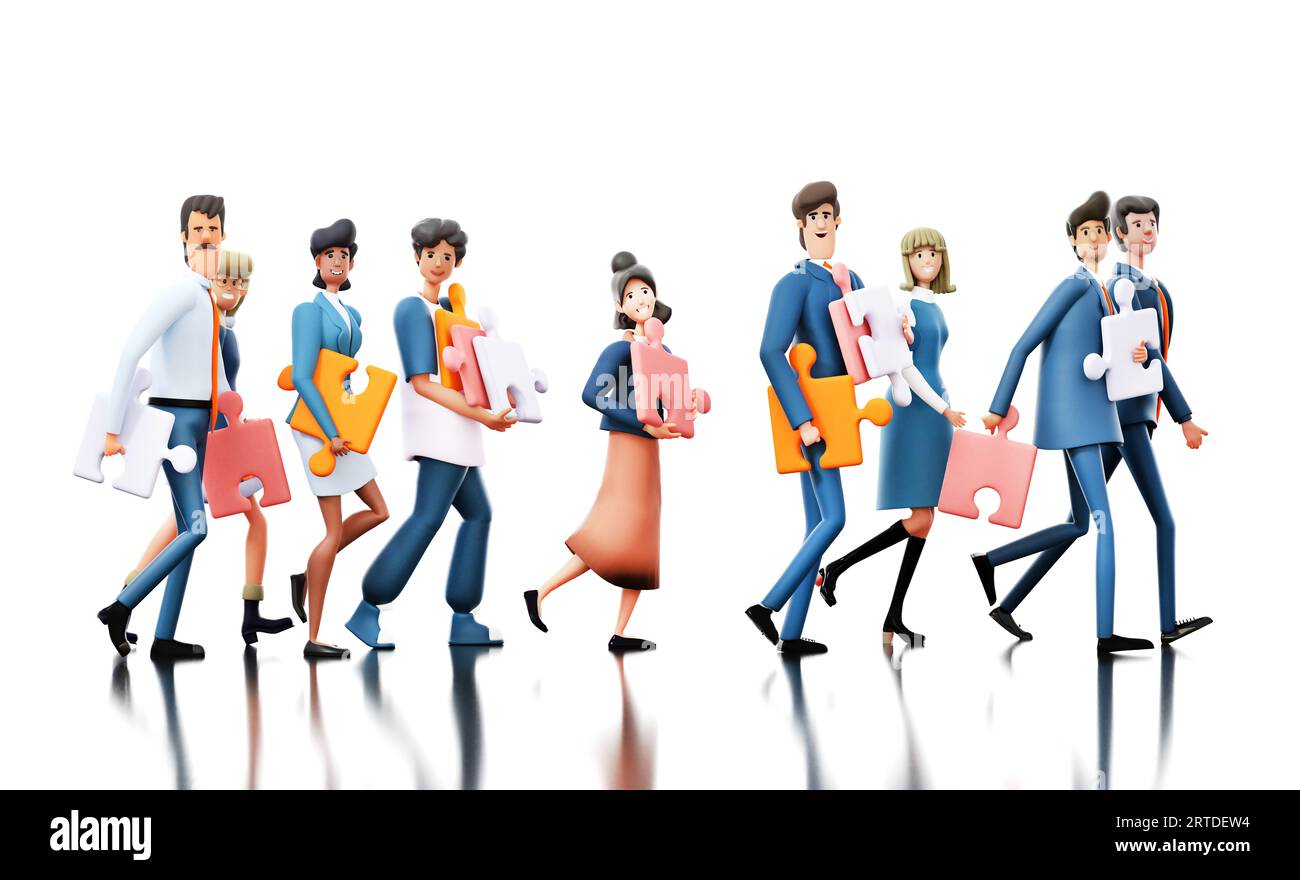 Successful business team walking with puzzles against of white ...