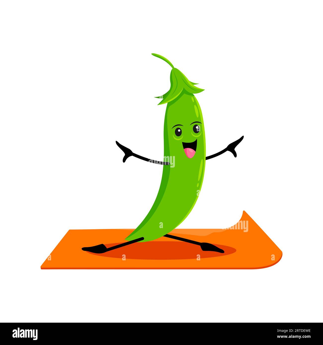 Cartoon green pea funny bean pod character on yoga or pilates fitness ...