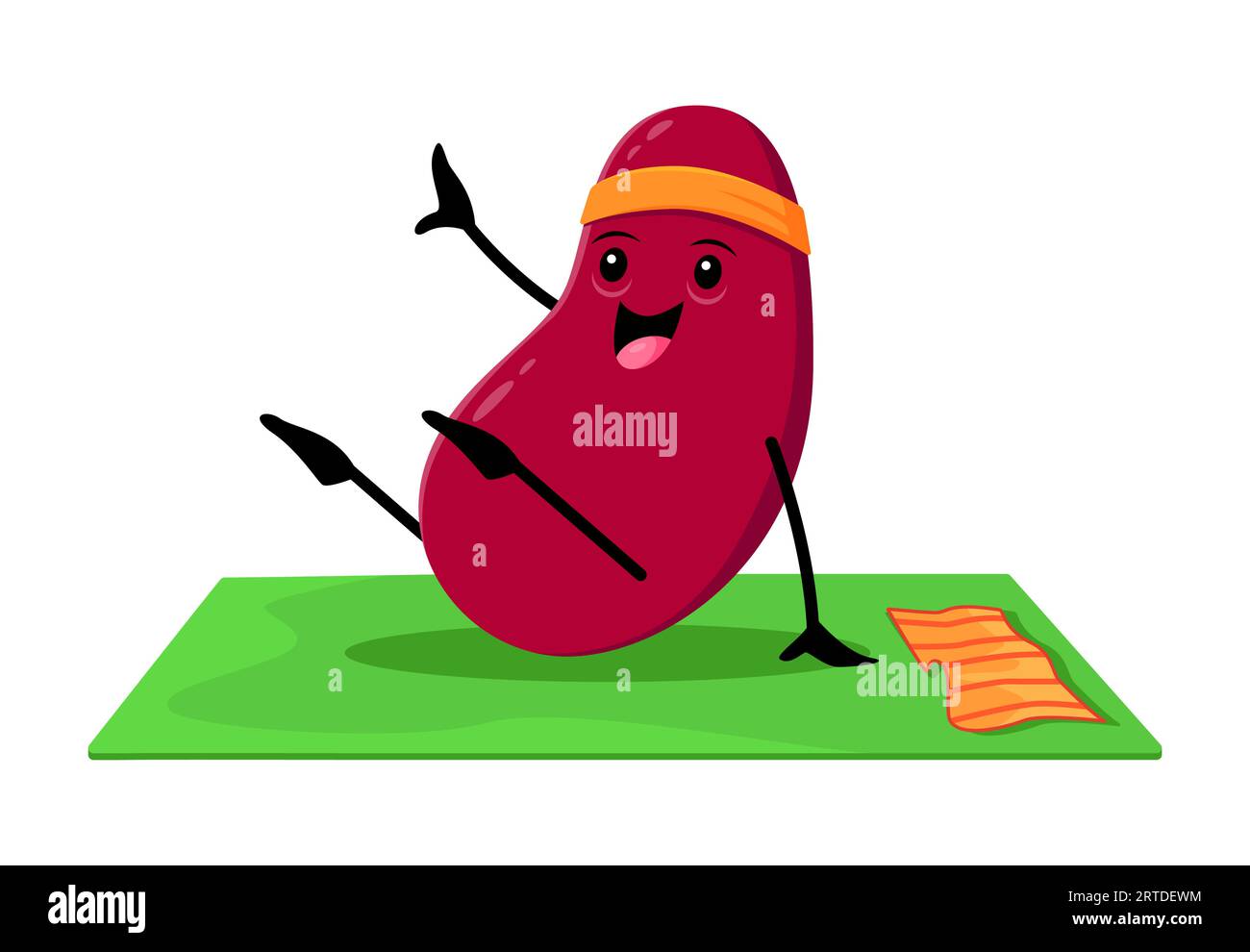Cartoon happy red bean character on yoga fitness sport. Isolated vector ...