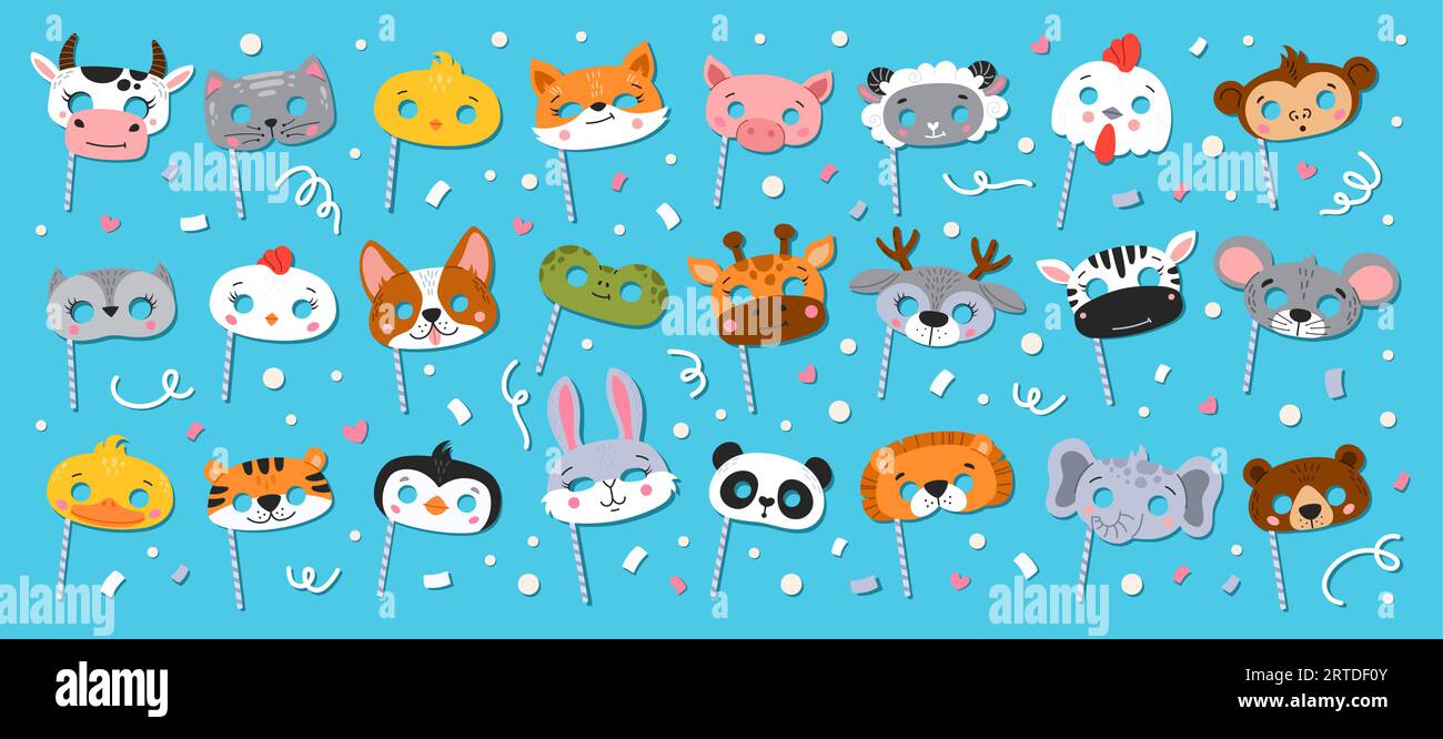 Cartoon carnival party animal masks. Vector cow, cat, chick and pig ...