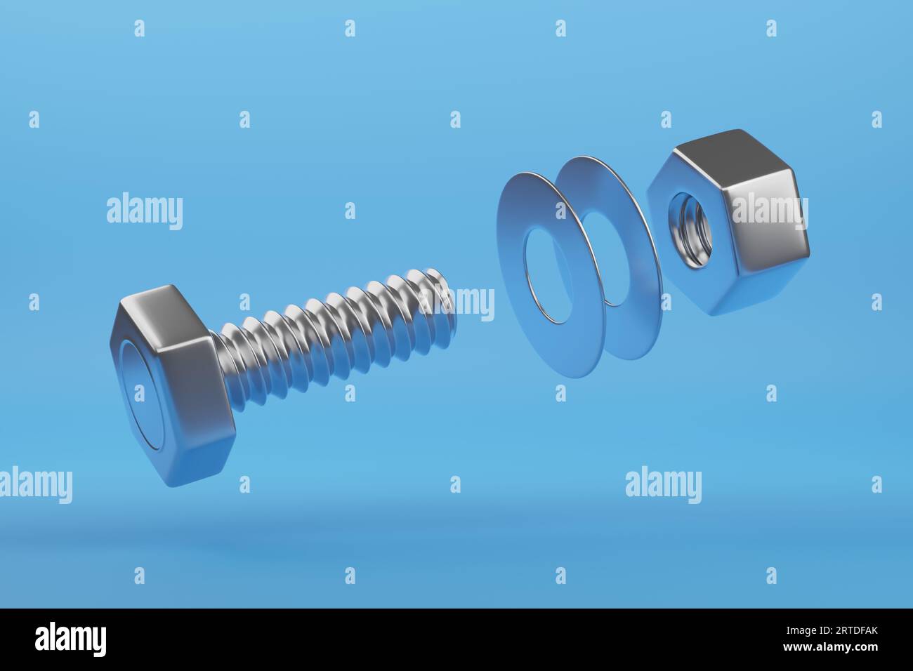 Bolt with nut and washers isolated on blue background. 3d illustration ...