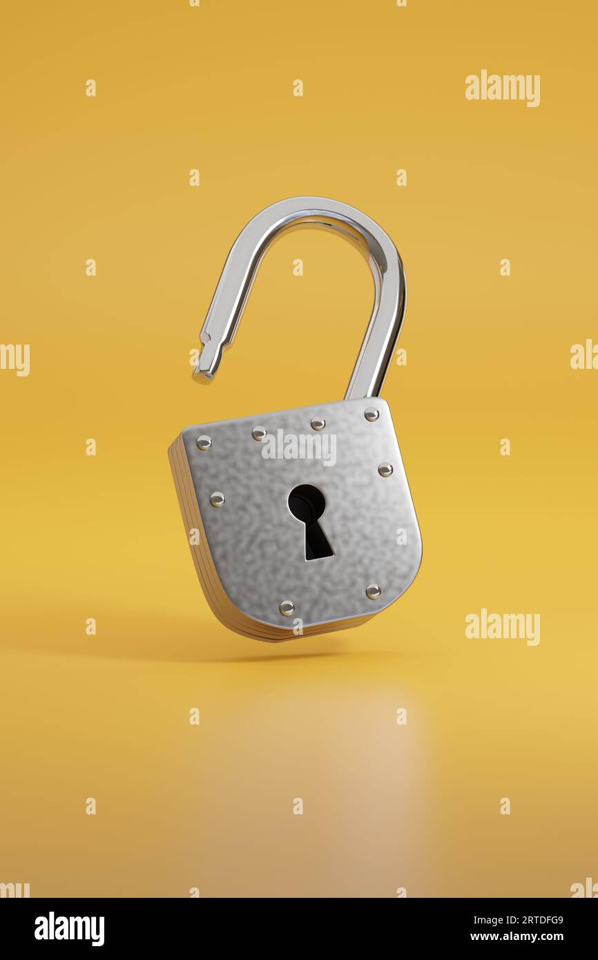 Open padlock isolated on yellow background. 3d illustration Stock Photo ...