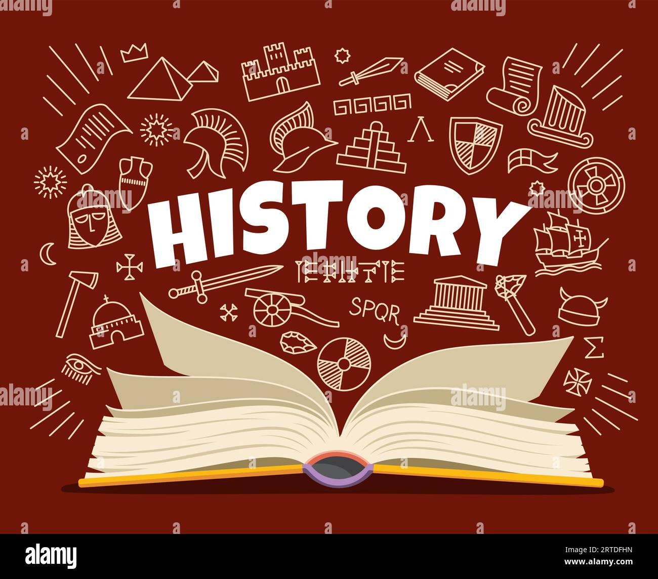 History textbook, symbols and icons on school board, vector science of ancient world. Sketch ...