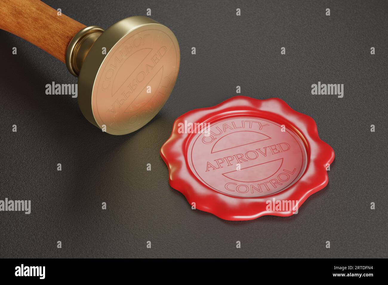 Approved quality control wax seal and a sealing wax wooden stamper. 3d ...