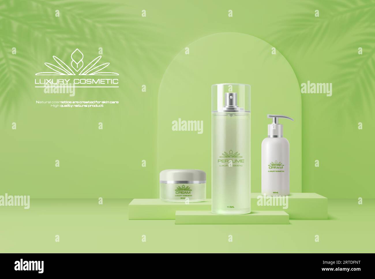 Light green cosmetics podium with bamboo and palm leaves shadow on wall ...