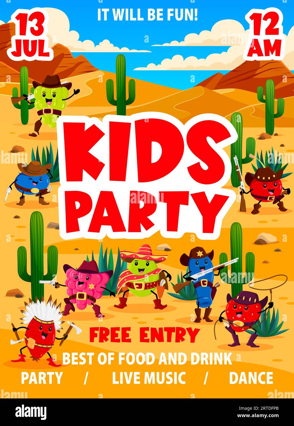 Kids party western flyer, cartoon berry cowboy, sheriff, ranger and ...