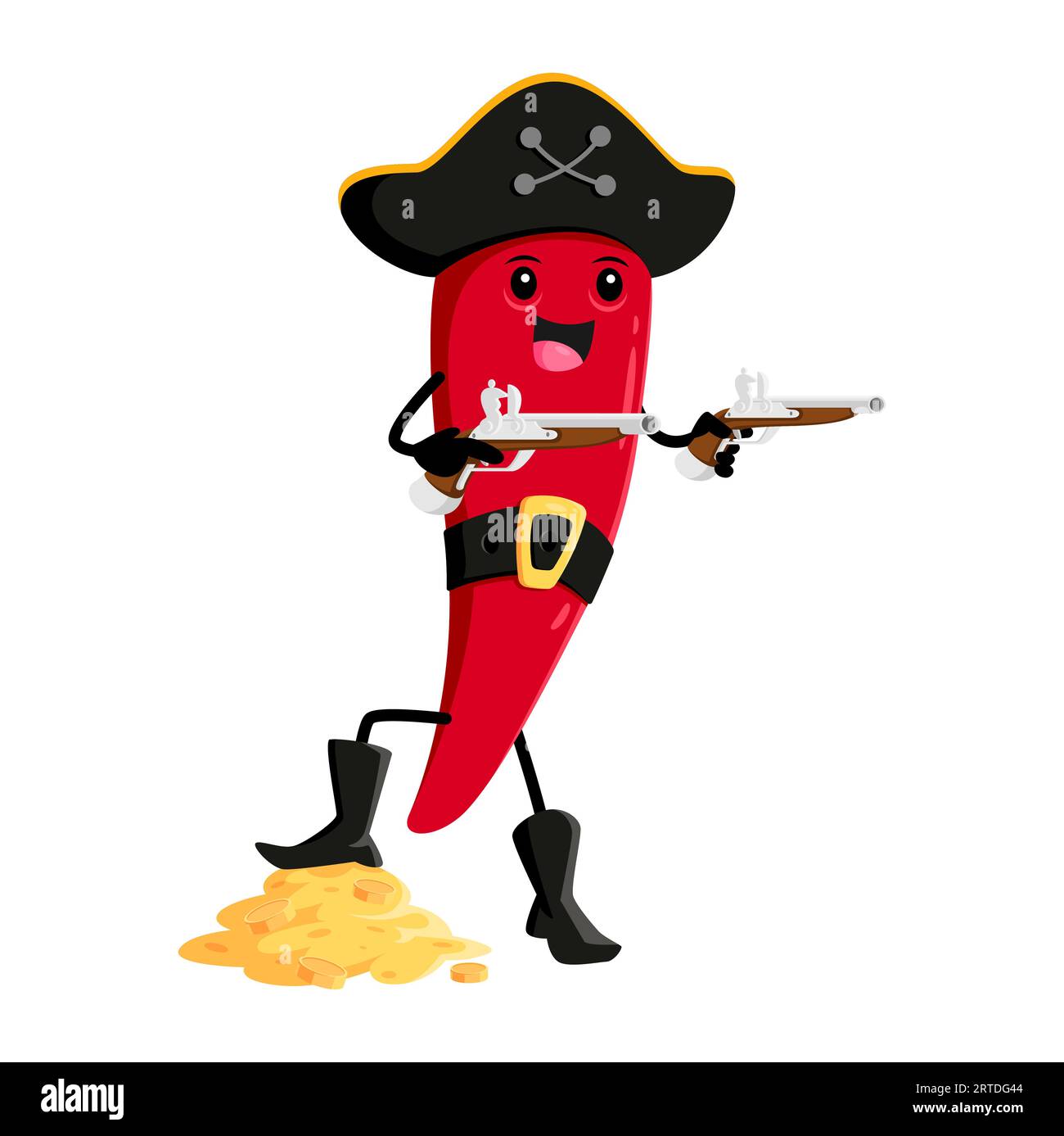 Cartoon red hot chili pepper pirate and corsair character with treasure ...