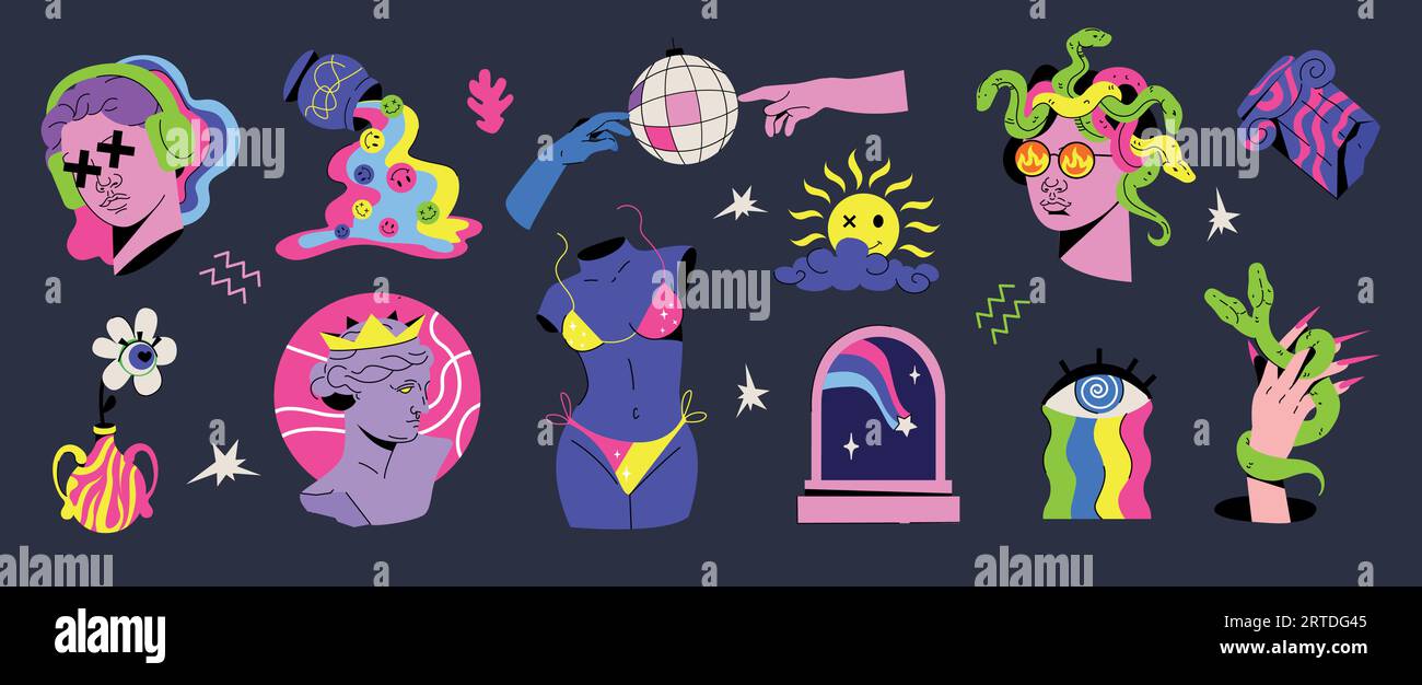 Psychedelic stickers with antique greek sculpture, columns in trendy ...