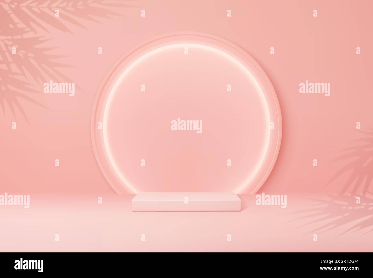 Pink round podium with palm leaves background, product platform or ...