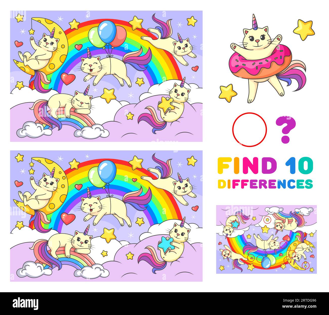 Find ten differences game. Cartoon funny caticorn cats on rainbow. Kids ...