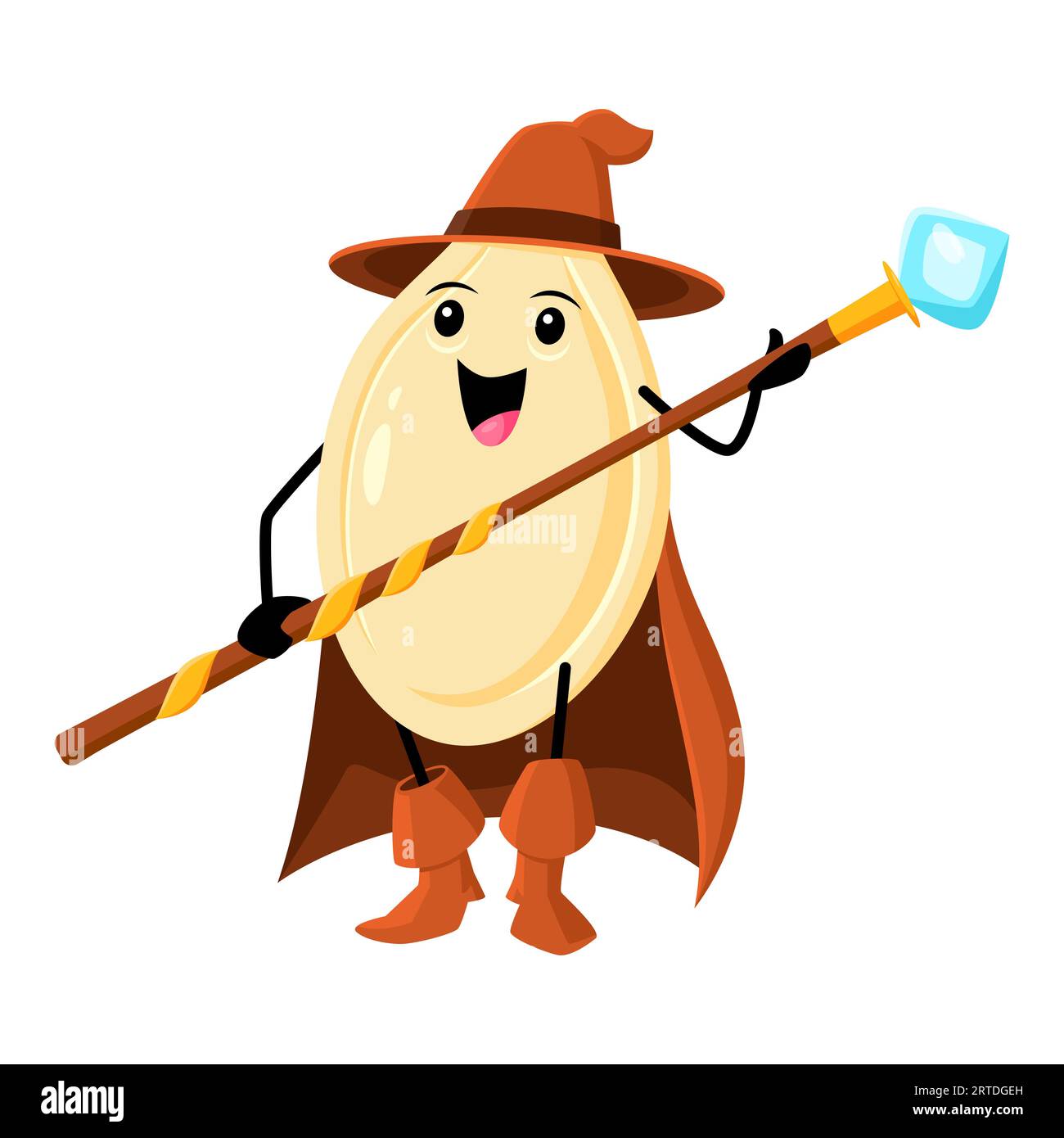 Cartoon pumpkin seed wizard, sorcerer and mage character standing with ...