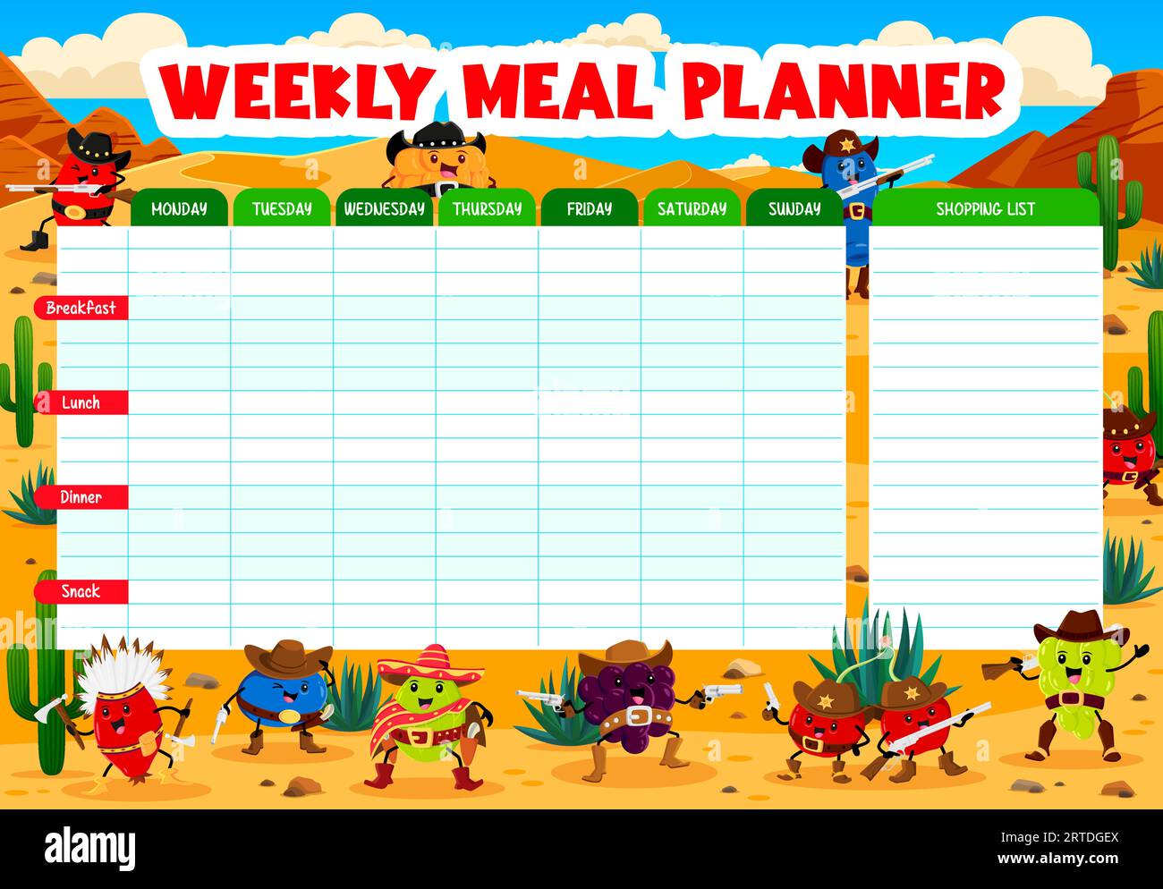 Weekly meal planner, timetable schedule. Western berry cowboy, sheriff ...