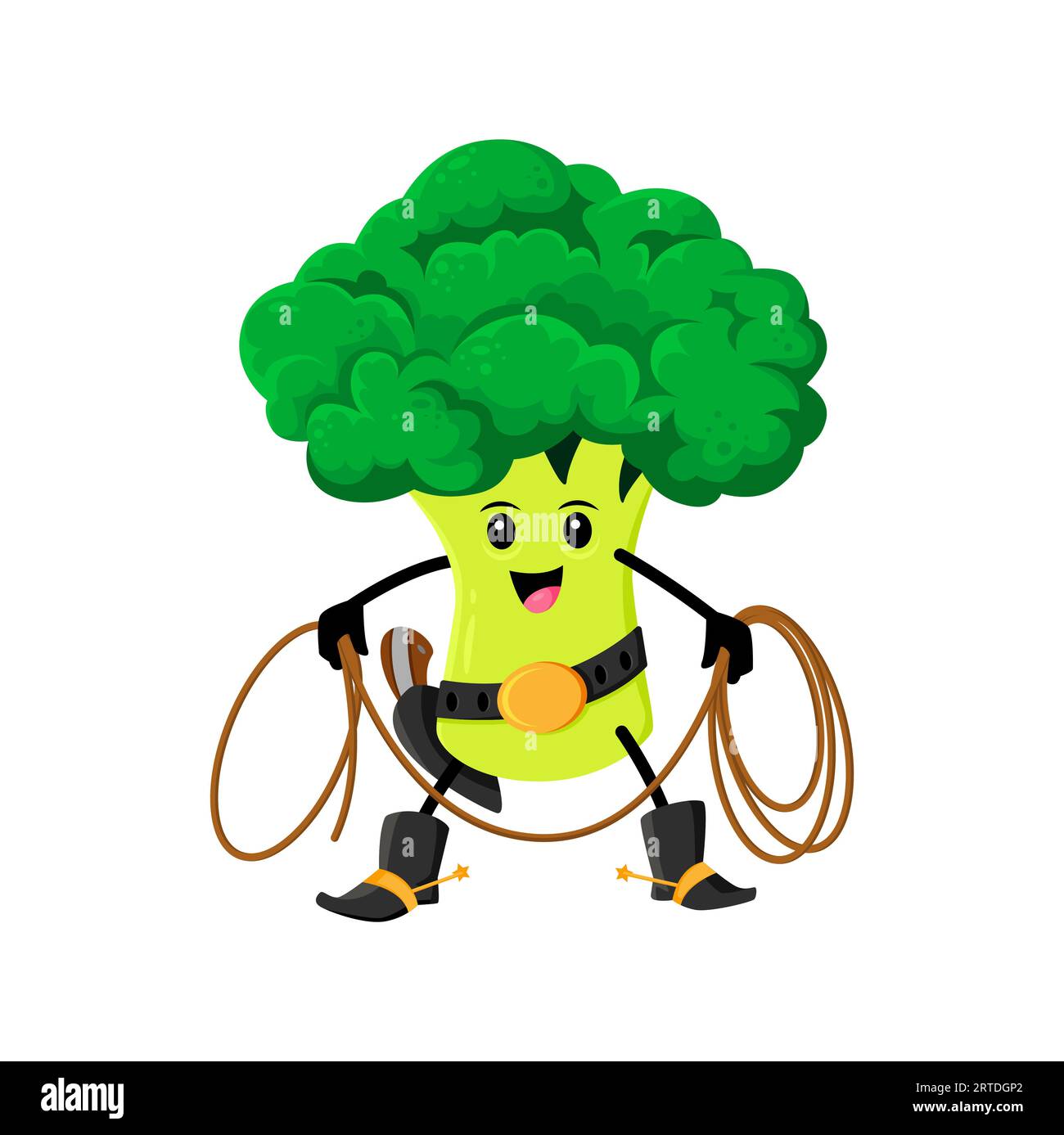 Cartoon broccoli vegetable cowboy and ranger character with lasso ...