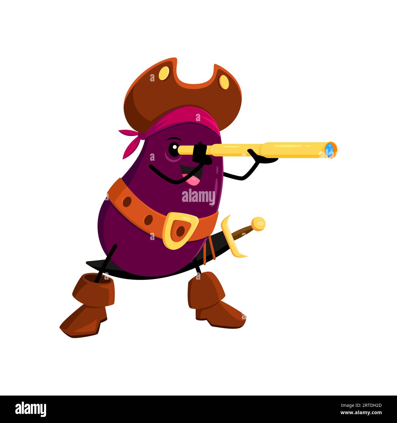 Cartoon eggplant vegetable pirate and corsair character with spyglass ...