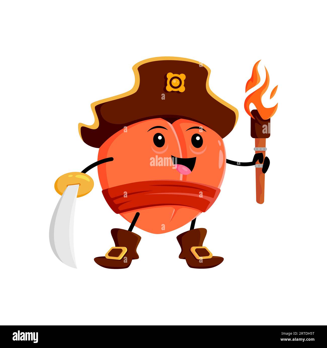 Cartoon peach fruit pirate and corsair character with saber and torch ...