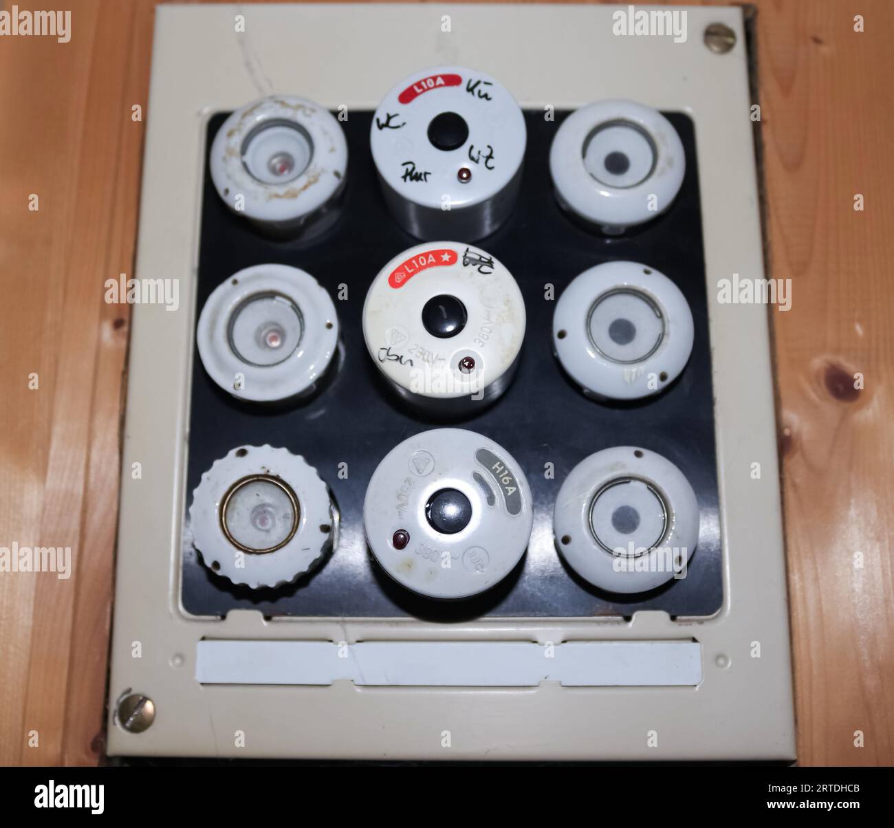 Old Fuse Box With Ceramic Fuses And Some Handwritings On It Stock Photo ...