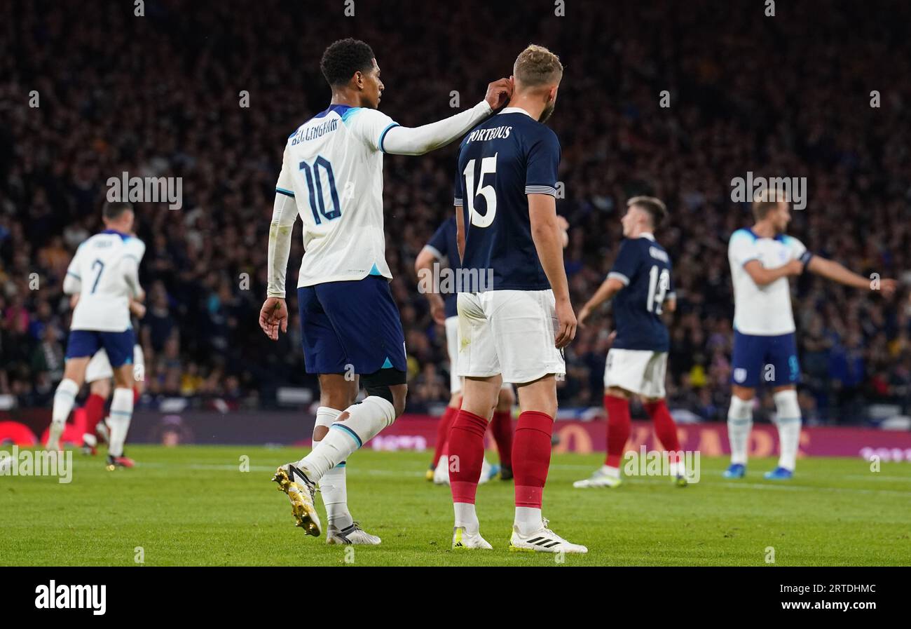 England’s Jude Bellingham and Scotland’s Ryan Porteous during the ...