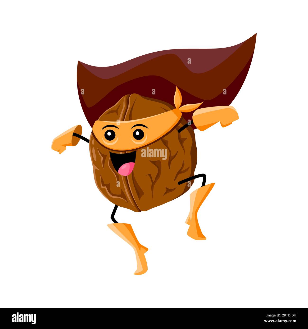 Cartoon walnut nut superhero character jumping on flying in cape and ...