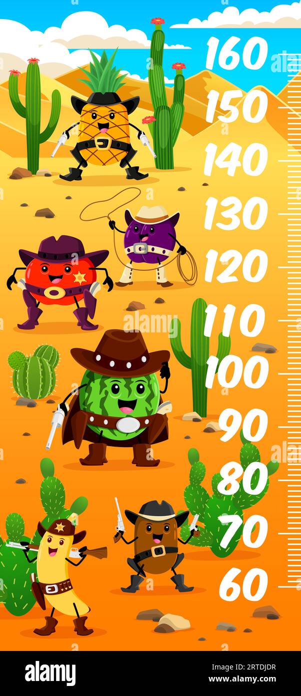 Kids height chart ruler, cartoon western cowboy, sheriff and robber ...