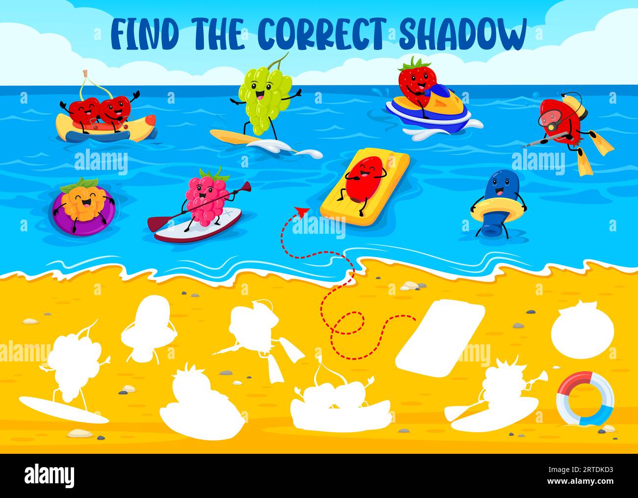 Find the correct shadow of cartoon berry characters on beach ...