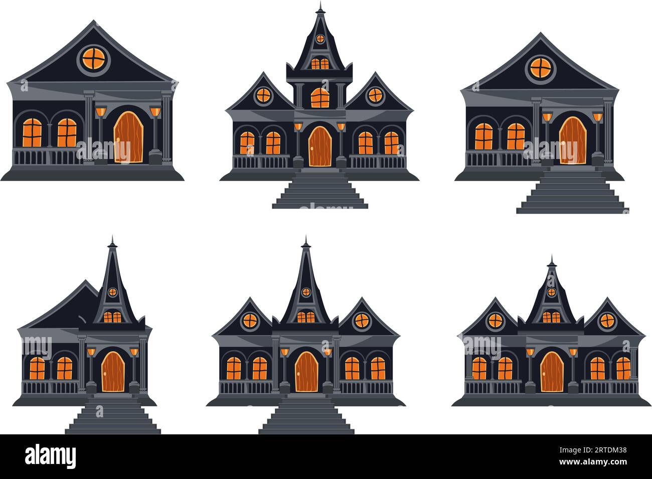 Halloween castle icons set. A collection of cartoon gloomy houses with ...