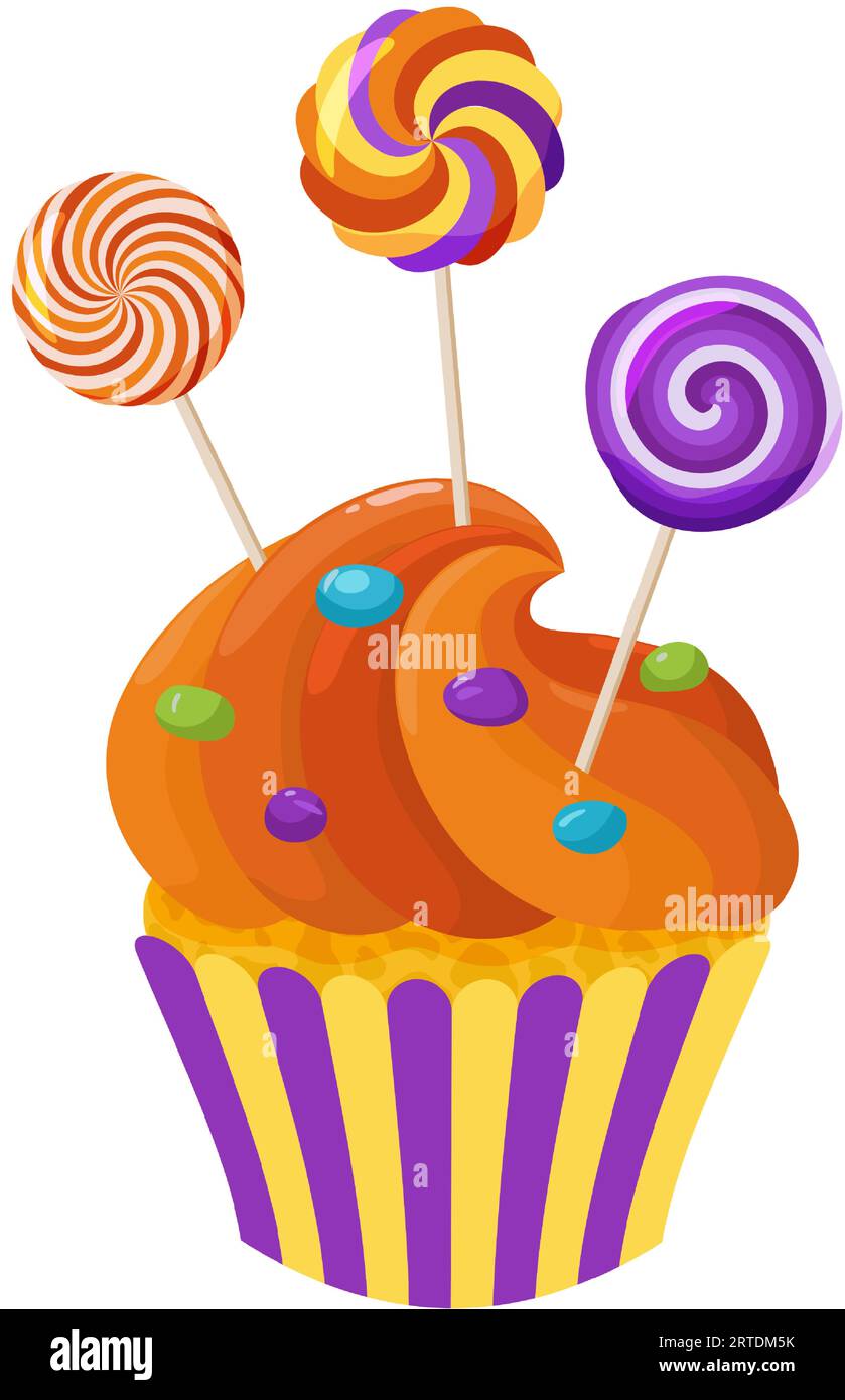 A cupcake with candy and lollipops on top. Decorated Halloween dessert ...