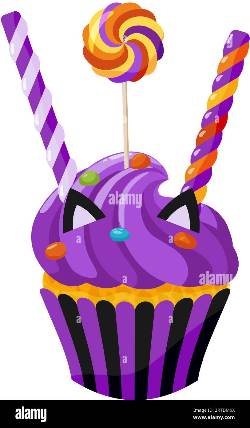 Purple blueberry cupcake with candies and cat ears. Decorated Halloween ...