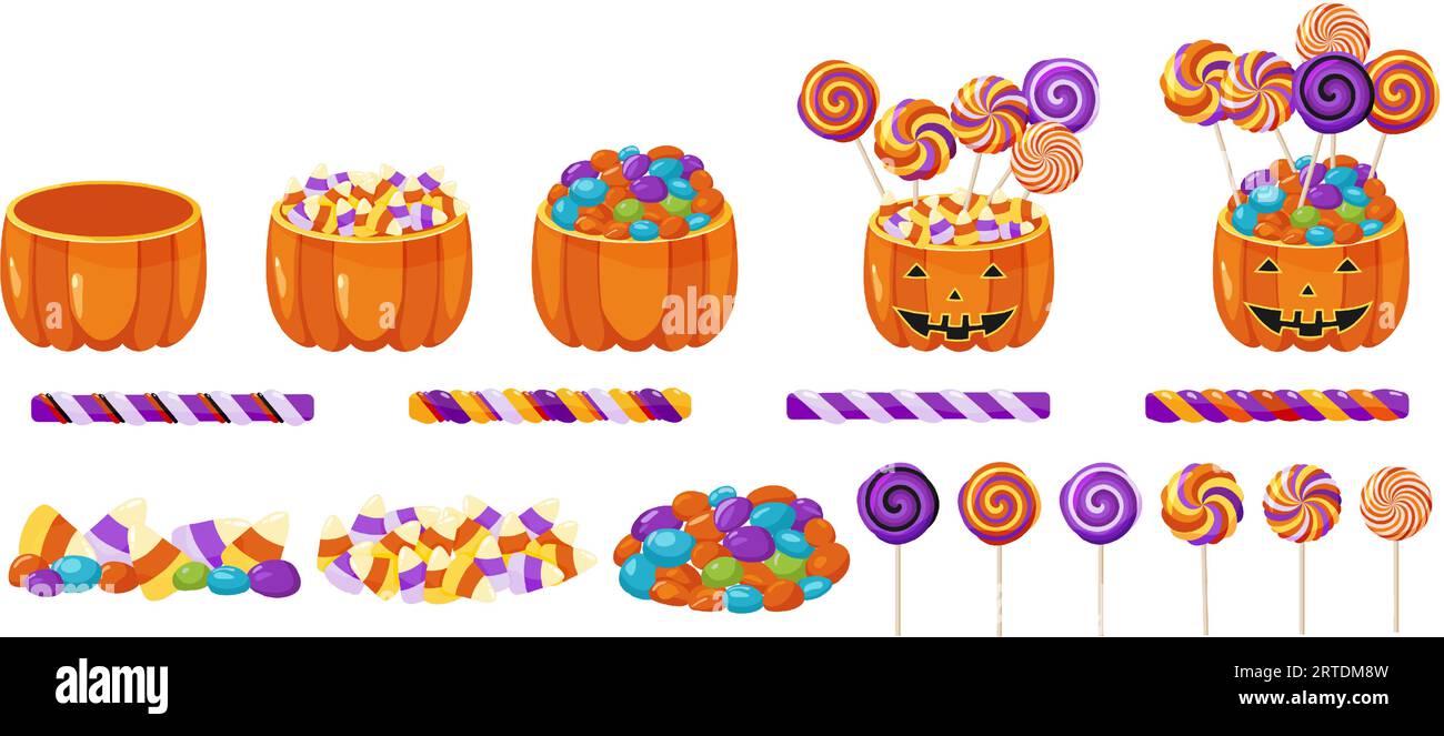Halloween sweets set with pumpkins, candies and lollipops. Vector ...