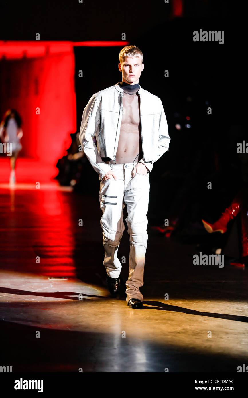 New York, USA. 11th Sep, 2023. Model Timo Pan walks on the runway at ...