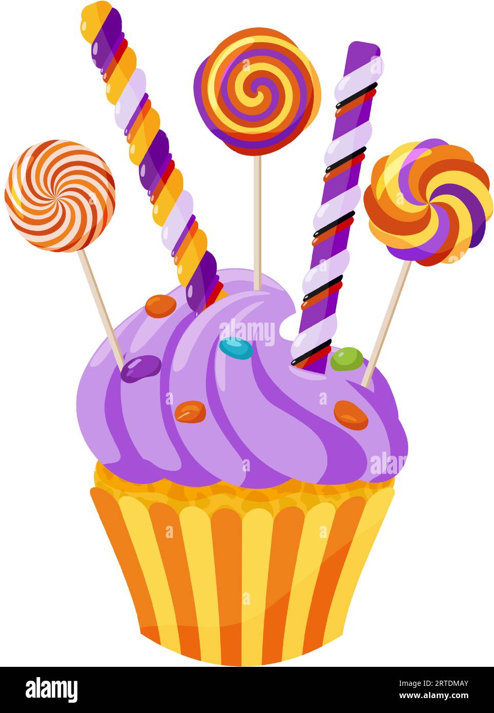 Cupcake with cream, candy and lollipops. Decorated Halloween dessert ...